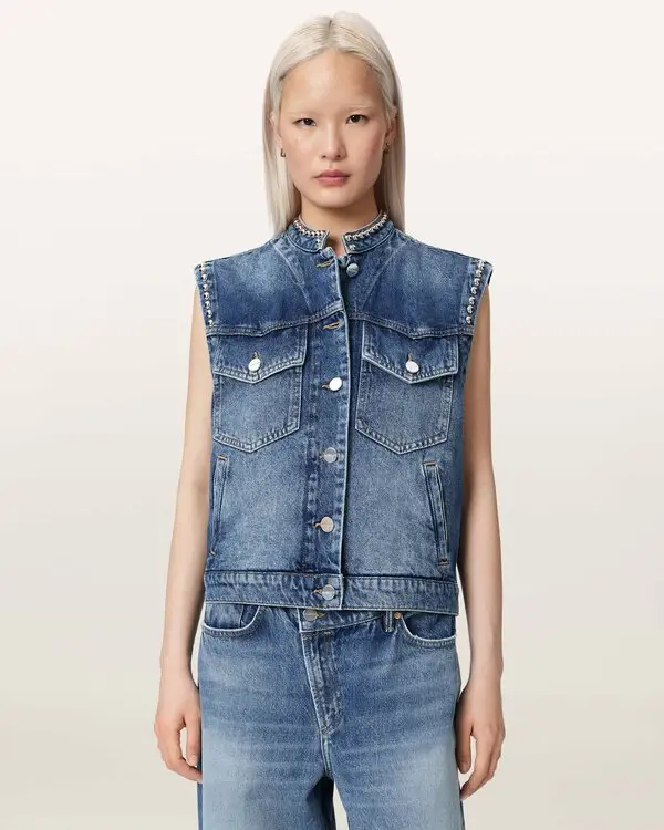 ALLSAINTS Mav Studded Denim Vest - Blue