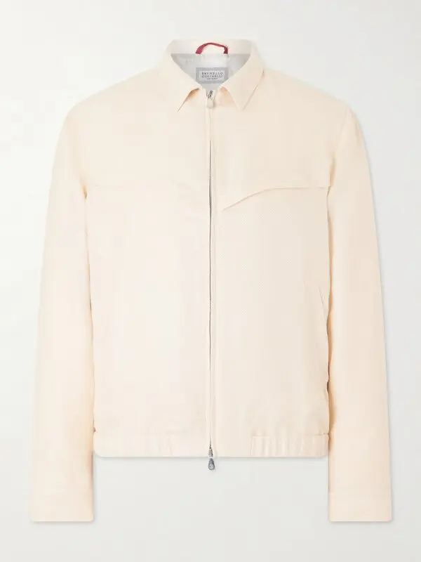 Brunello Cucinelli Herringbone Wool, Silk And Linen-blend Blouson Jacket - Neutrals