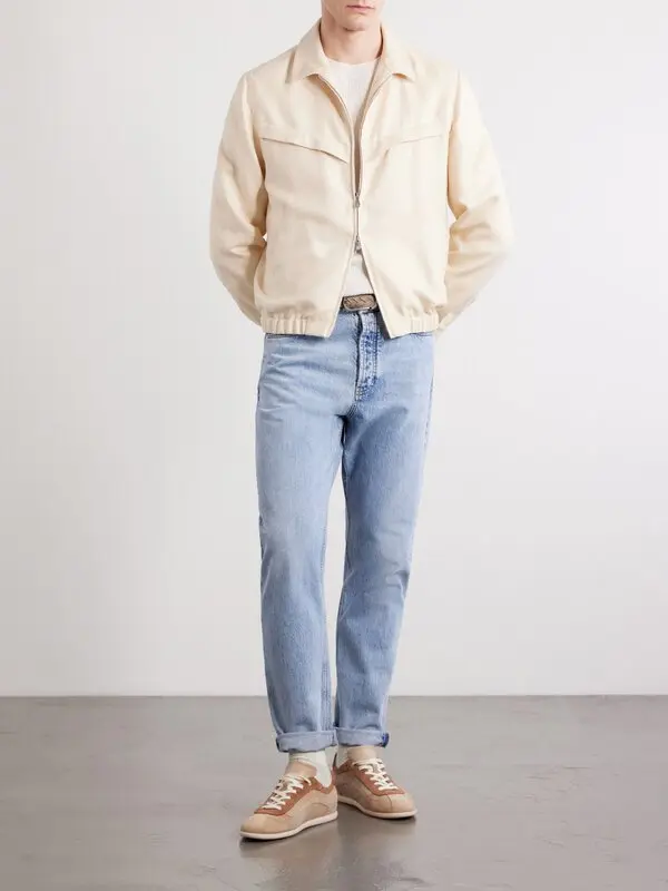 Brunello Cucinelli Herringbone Wool, Silk And Linen-blend Blouson Jacket - Neutrals