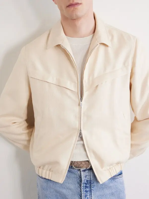 Brunello Cucinelli Herringbone Wool, Silk And Linen-blend Blouson Jacket - Neutrals