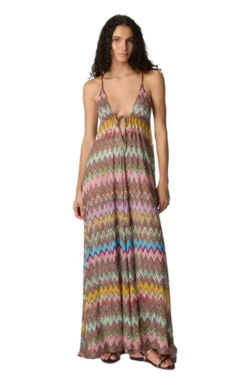 Missoni Long Beach Dress In Lamé Viscose With Macro Zigzag Pattern And Thin Straps - Black & Multicoloured
