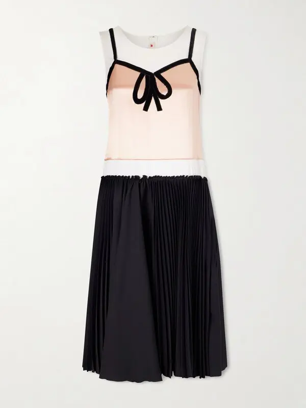 Marni Velvet-trimmed Pleated Satin Midi Dress