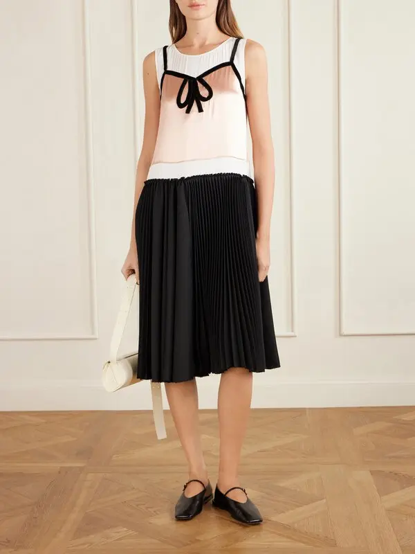 Marni Velvet-trimmed Pleated Satin Midi Dress