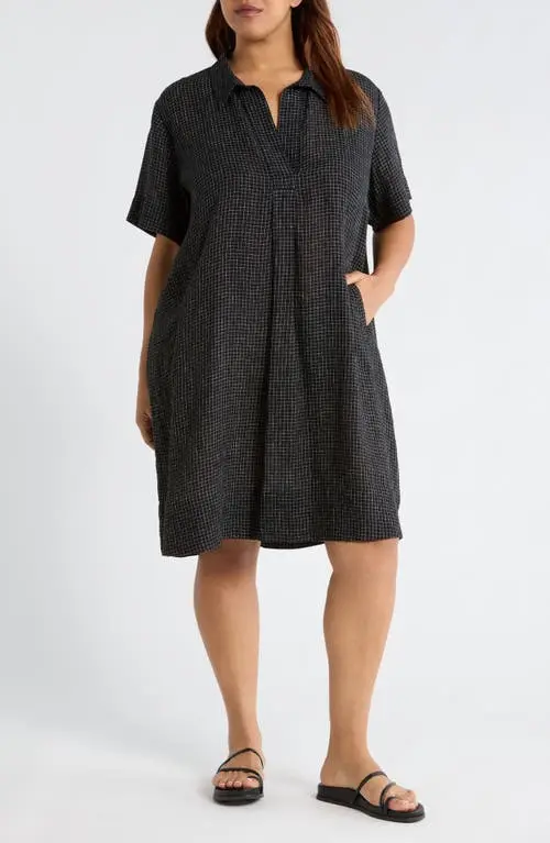 Eileen Fisher Windowpane Plaid Elbow Sleeve Organic Linen Shift Dress