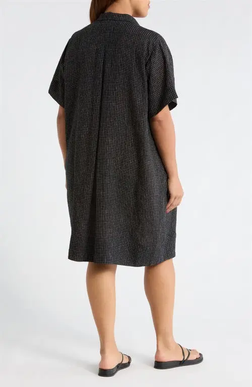 Eileen Fisher Windowpane Plaid Elbow Sleeve Organic Linen Shift Dress