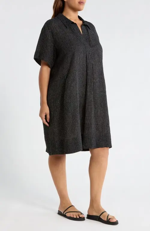 Eileen Fisher Windowpane Plaid Elbow Sleeve Organic Linen Shift Dress