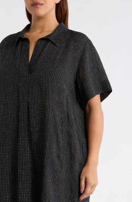 Eileen Fisher Windowpane Plaid Elbow Sleeve Organic Linen Shift Dress