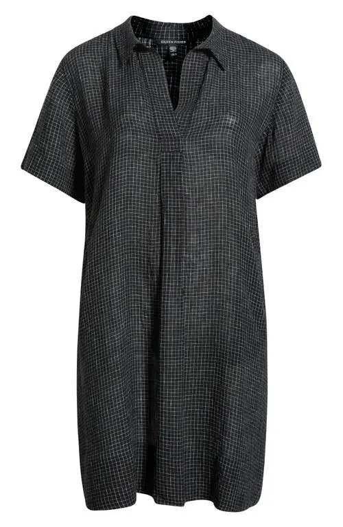 Eileen Fisher Windowpane Plaid Elbow Sleeve Organic Linen Shift Dress
