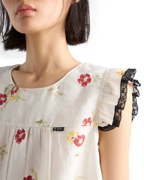 Prada Linen Top With Floral Motif