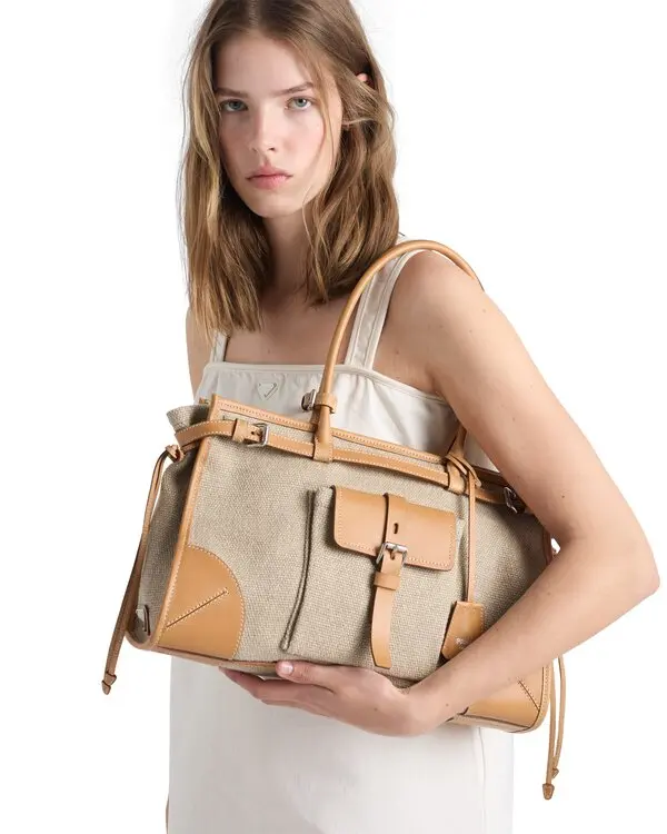 Prada Linen And Leather Tote Bag