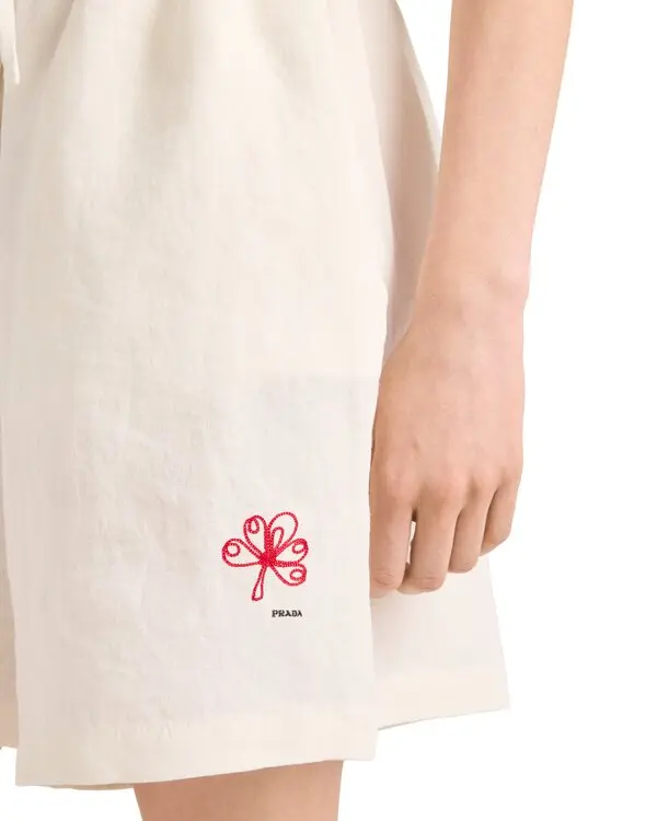 Prada Embroidered Slubbed Linen Shorts