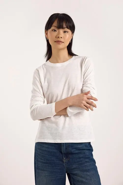 BRODIE CASHMERE Long Sleeve Cotton Crew Neck T-shirt - White