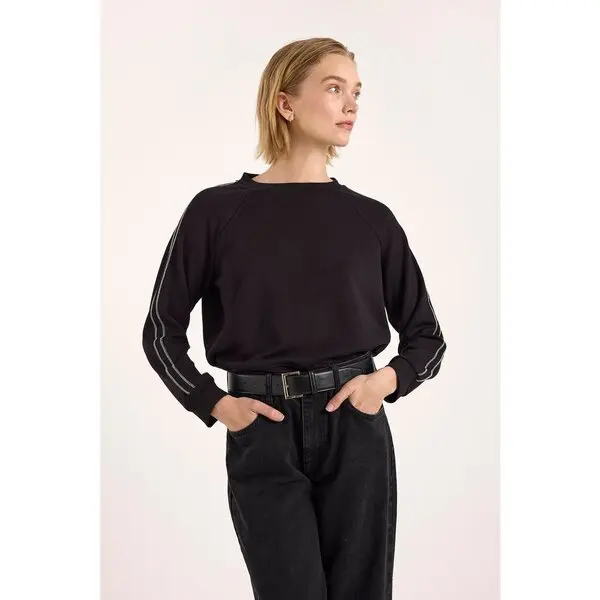BRODIE CASHMERE Bead Trim Jersey Crew Neck Sweatshirt - Black