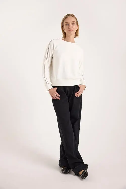 BRODIE CASHMERE Bead Trim Jersey Crew Neck Sweatshirt - Ivory
