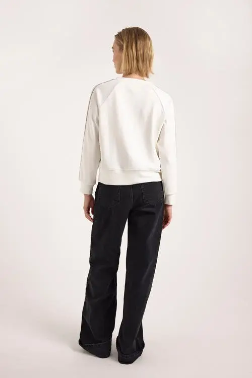 BRODIE CASHMERE Bead Trim Jersey Crew Neck Sweatshirt - Ivory