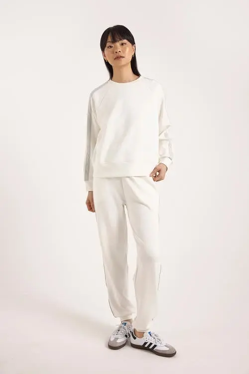 BRODIE CASHMERE Stripe Sleeve Crew Neck Sweatshirt - Ivory