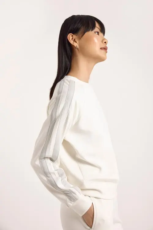 BRODIE CASHMERE Stripe Sleeve Crew Neck Sweatshirt - Ivory