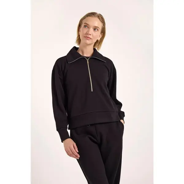 BRODIE CASHMERE Jersey Half Zip Sweatshirt With Piping Detail - Black