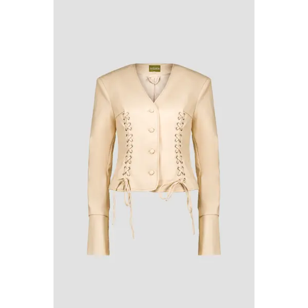 SAEMDI Fitted Vegan Leather Jacket - Beige