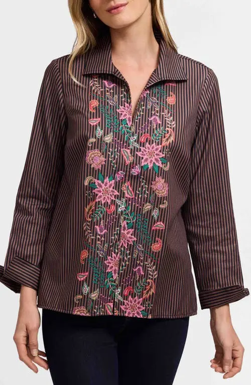 Foxcroft Agnes Floral Stripe Cotton Poplin Popover Top