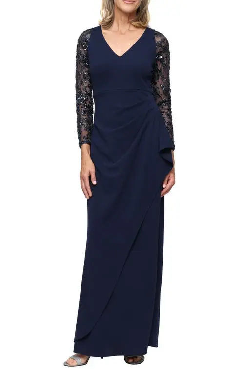 SL FASHIONS Beaded Sleeve Crepe Gown