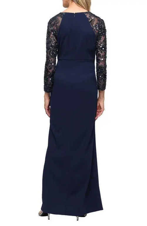 SL FASHIONS Beaded Sleeve Crepe Gown