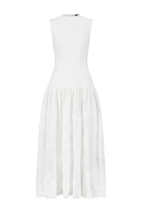 Lela Rose Ribbon Embroidered Cotton Combo Dress