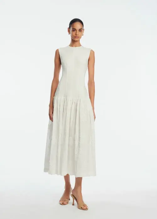 Lela Rose Ribbon Embroidered Cotton Combo Dress