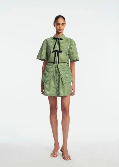 Lela Rose Embroidered Striped Cotton Shorts - Cactus