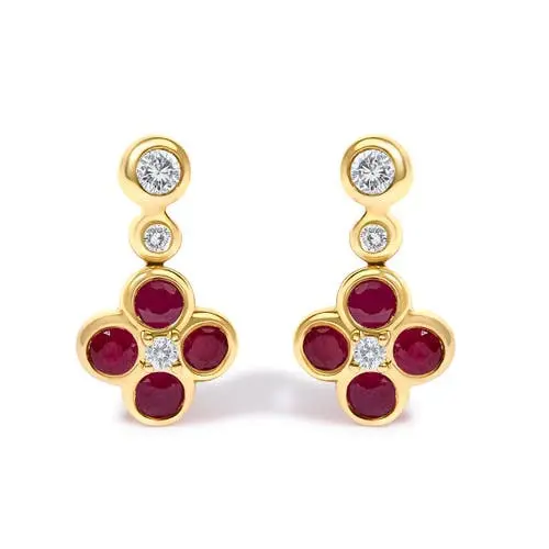 HAUS OF BRILLIANCE 14k Diamond And Ruby Floral Dangle Earrings - Yellow Gold