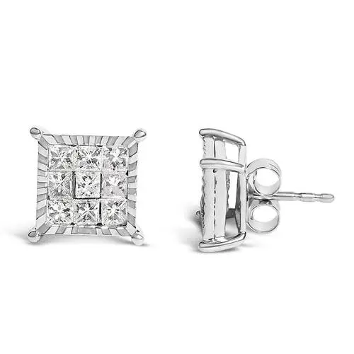 HAUS OF BRILLIANCE 1.0 Cttw Princess Diamond Square Stud Earrings - Silver