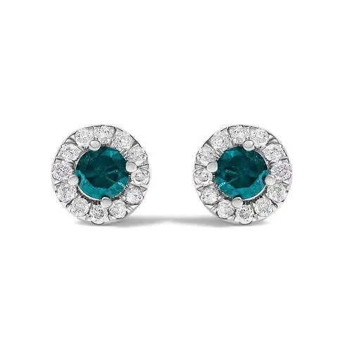 HAUS OF BRILLIANCE 1/7 Cttw Blue Diamond Halo Stud Earrings - Silver