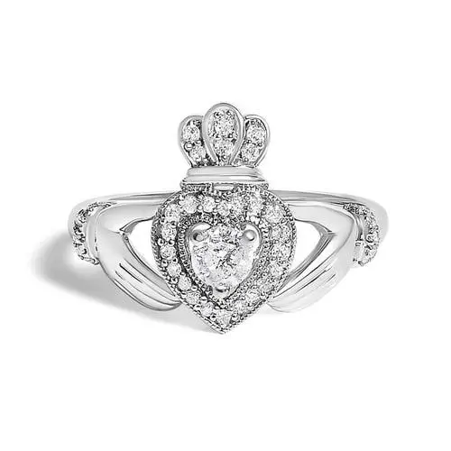 HAUS OF BRILLIANCE 14k 3/8 Cttw Diamond Claddagh Heart Ring - White Gold