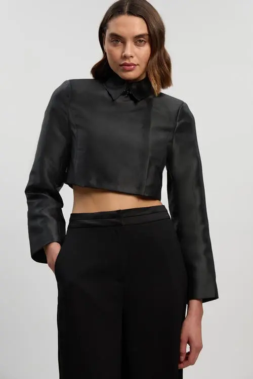 Karen Millen Satin Twill Cropped Wrap Tailored Jacket - Black