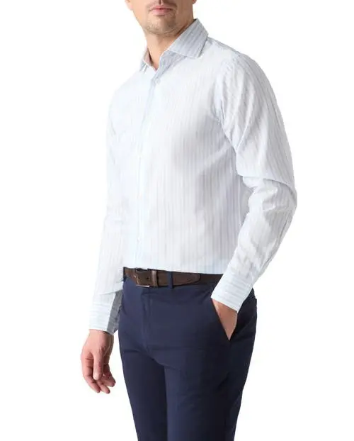 Robert Talbott Reynolds Cotton Linen Blend Shirt In Contemporary Fit - Blue Multi Thin Stripe