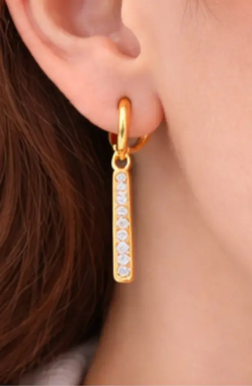 KELLERY Stainless Steel Cubic Zirconia Dangle Bar Hoop Earrings