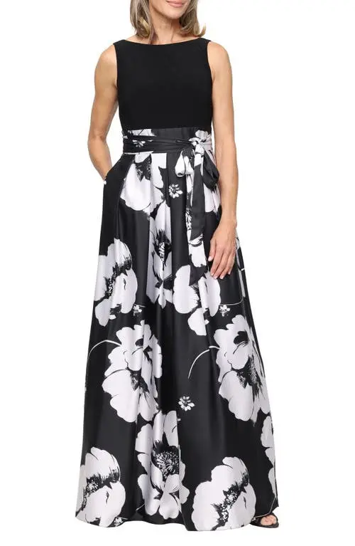 SL FASHIONS Mixed Media Floral Sleeveless Gown