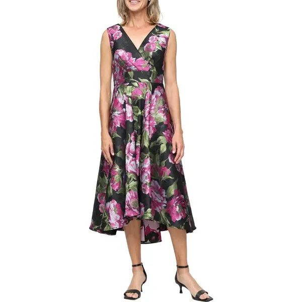SL FASHIONS Floral Jacquard Sleeveless Cocktail Dress