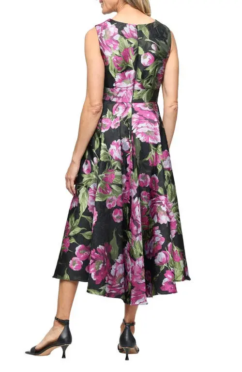 SL FASHIONS Floral Jacquard Sleeveless Cocktail Dress
