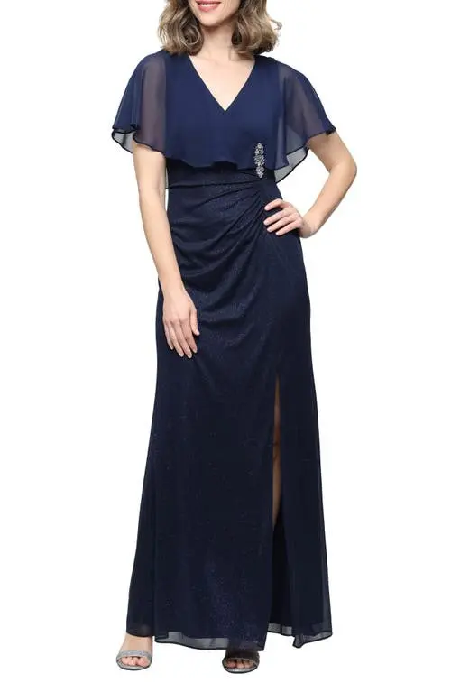 SL FASHIONS Rhinestone Detail Glitter Mesh Gown - Navy
