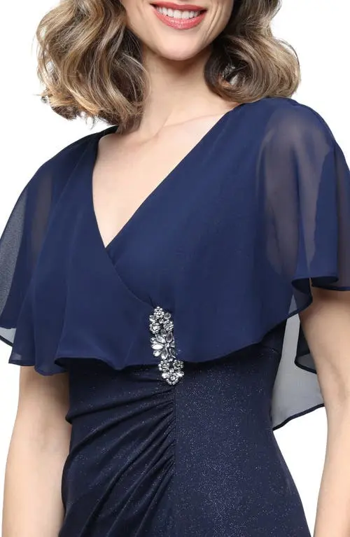 SL FASHIONS Rhinestone Detail Glitter Mesh Gown - Navy