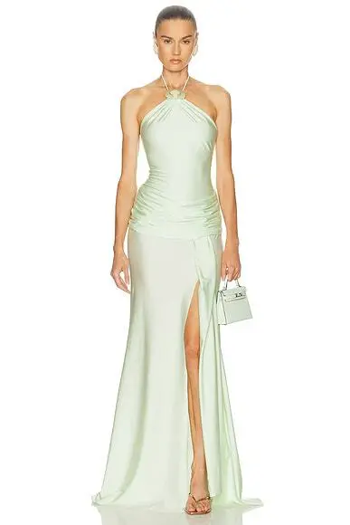 SHANI SHEMER Halterneck Maxi Dress With Front Stone Accent