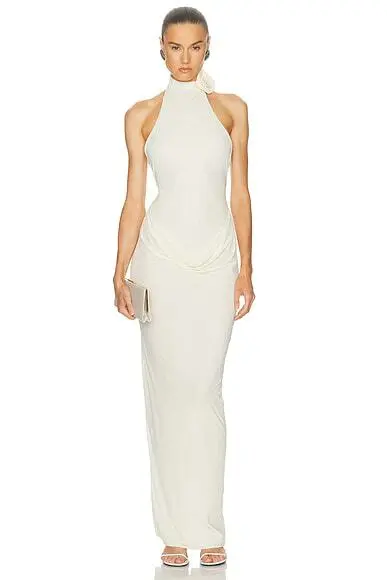 MAYGEL CORONEL Halterneck Maxi Dress With Rosette Accent - Antique