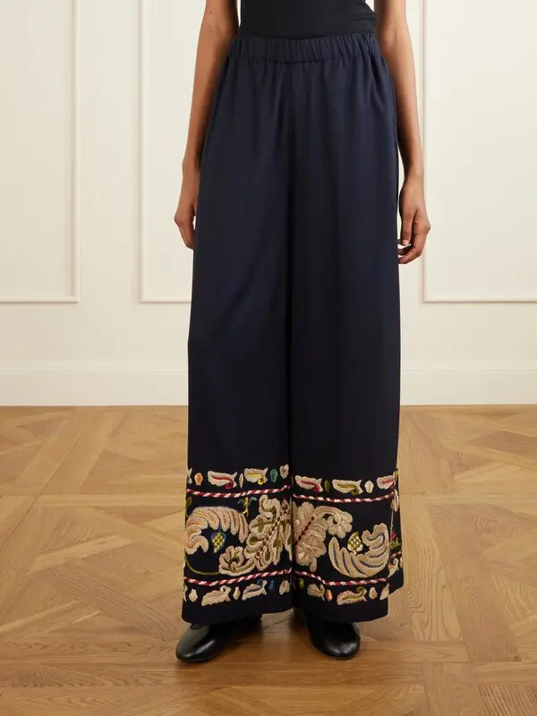 BODE Embroidered Cotton-blend Flared Pants - Black