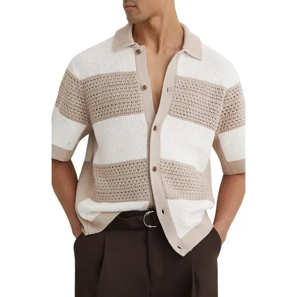 REISS Marek Open Knit Short Sleeve Button-up Shirt