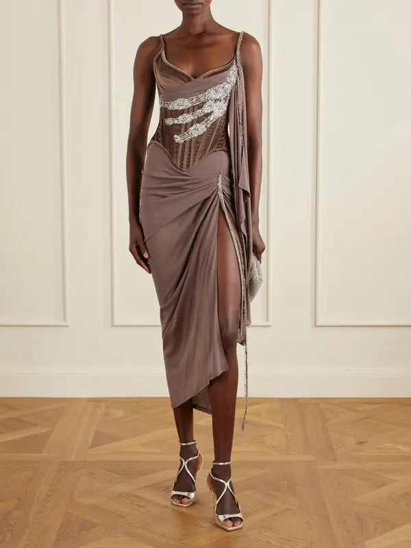 WIEDERHOEFT Embellished Draped Knitted Midi Skirt