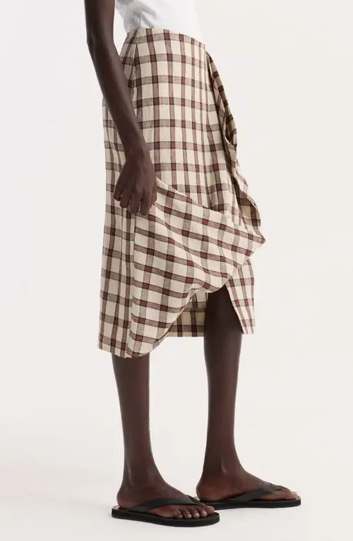 RÓHE Draped Linen Check Skirt - Red Table Check