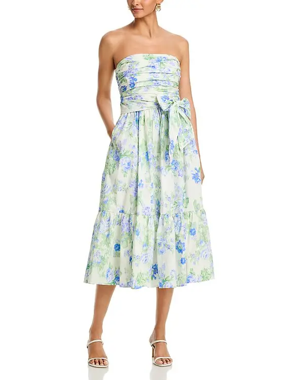 Aqua Floral Gathered Midi Dress - White/blue