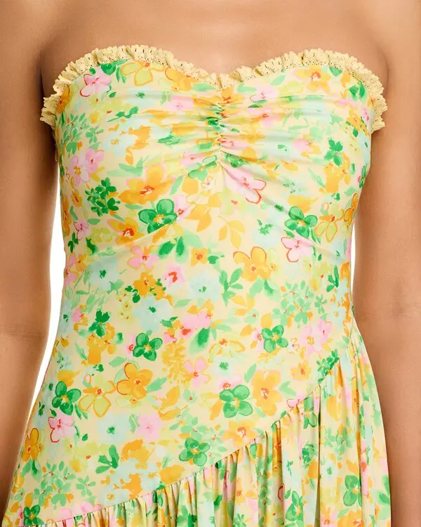 Aqua Floral Lace Strapless Midi Dress