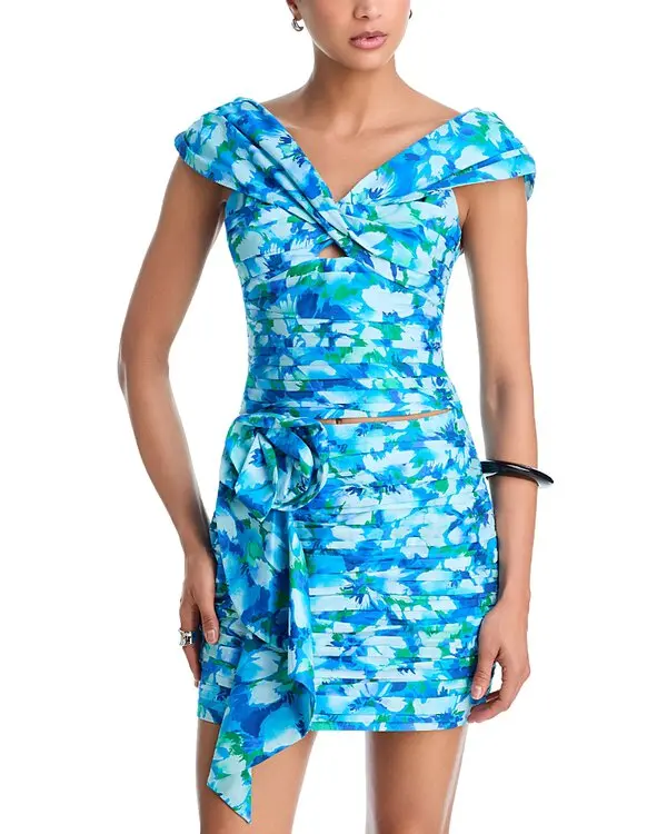 Aqua Floral Off-the-shoulder Twist Top - Blue
